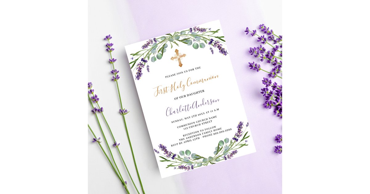 Lavender violet florals First Communion Invitation | Zazzle