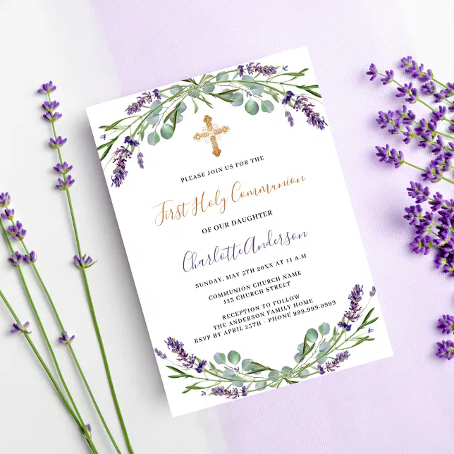 Lavender violet florals First Communion Invitation | Zazzle