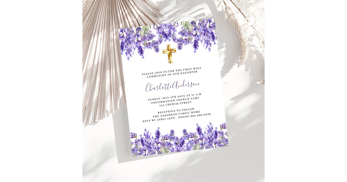 Lavender violet florals gold cross First Communion Invitation | Zazzle