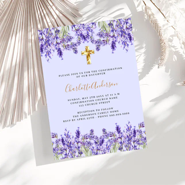 Lavender violet flowers cross luxury Confirmation Invitation | Zazzle