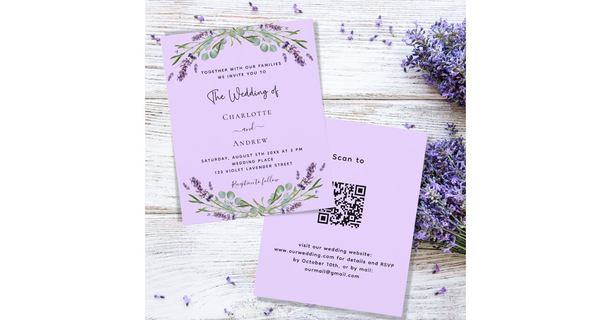 Lavender violet QR code budget wedding invitation Flyer | Zazzle