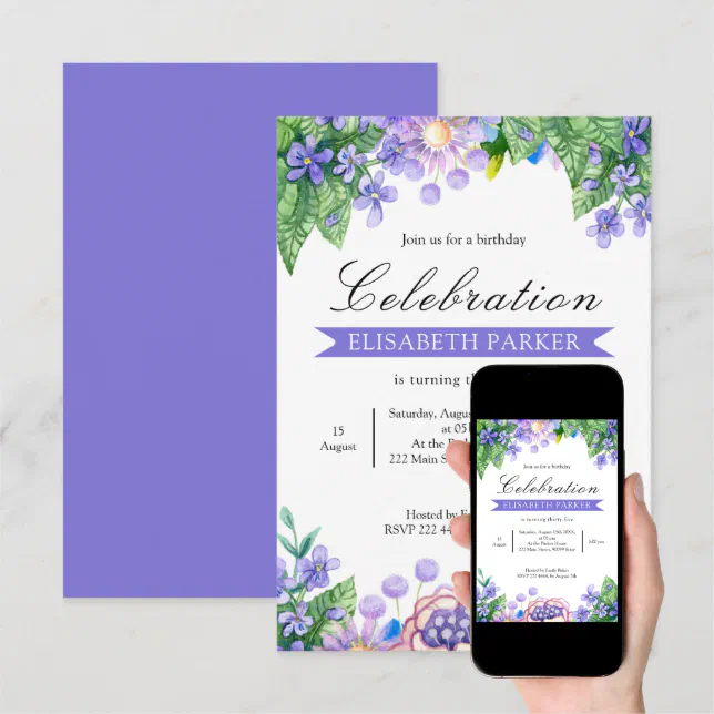 Lavender Watercolor Flowers Birthday Invitation | Zazzle
