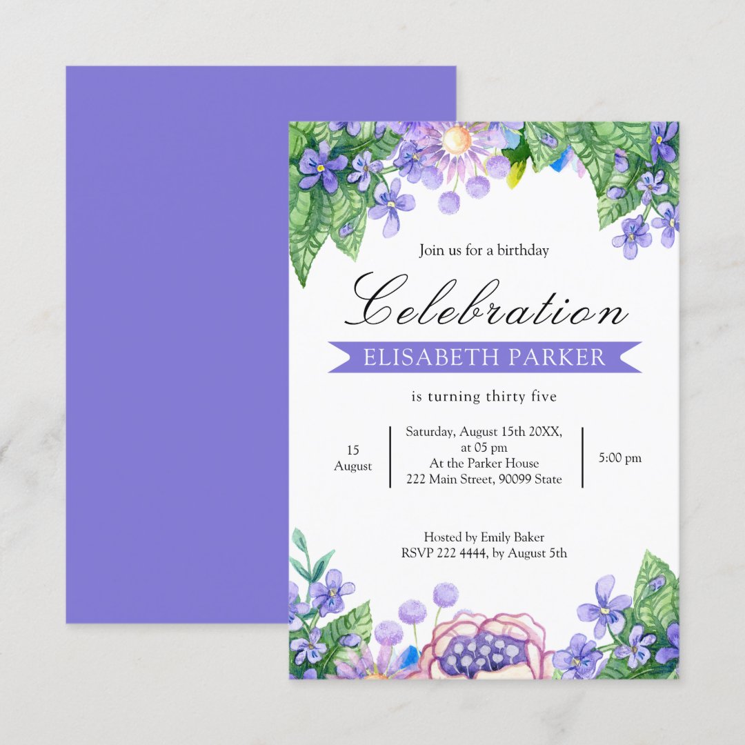 Lavender Watercolor Flowers Birthday Invitation | Zazzle