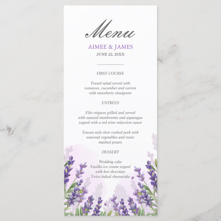 Lavender Wedding Menu Elegant Purple Floral Dreamy | Zazzle
