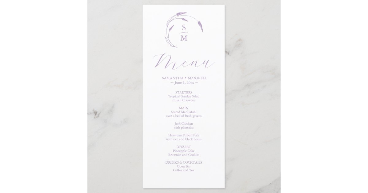 Lavender Wedding Menus Simple Monogram | Zazzle