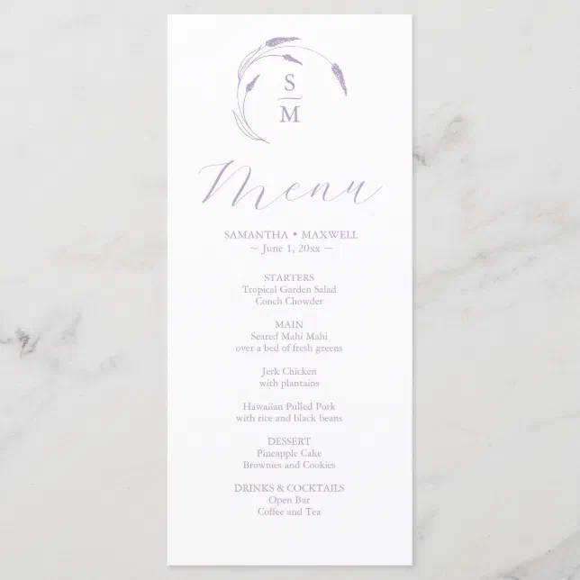Lavender Wedding Menus Simple Monogram | Zazzle