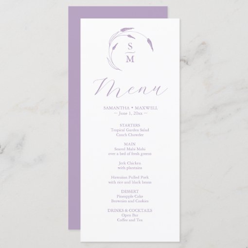 Lavender Wedding Menus Simple Monogram | Zazzle