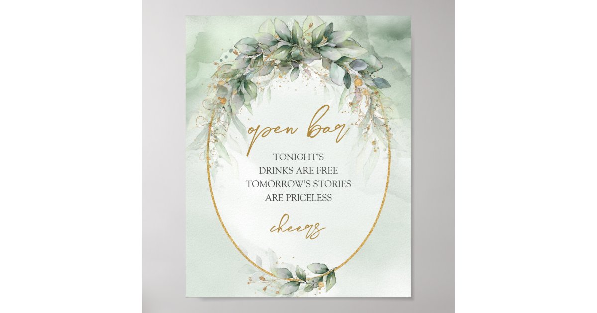 Lavish greenery foliage gold frame Open bar sign | Zazzle