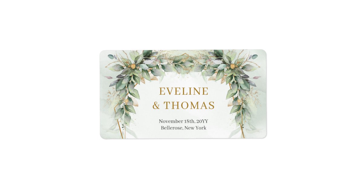Lavish greenery foliage gold frame wedding label | Zazzle
