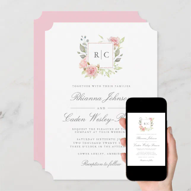 Lavish Pink Roses Monogram Frame Wedding Invitation | Zazzle
