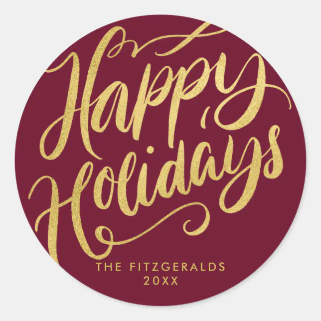 Lavish Script Happy Holidays Red & Faux Gold Classic Round Sticker | Zazzle