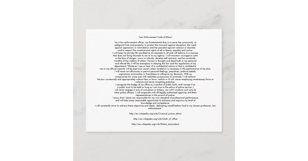 LAW ENFORCEMENT CODE OF ETHICS POSTCARD | Zazzle