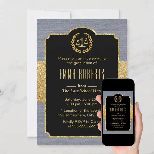 Law School Graduation Elegant Dusty Blue Lawyer Invitation | Zazzle