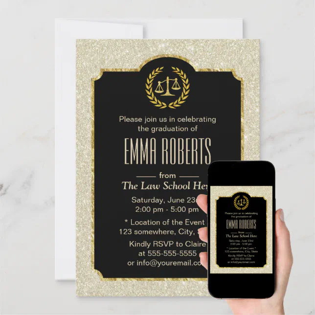 Law School Graduation Elegant Ivory Glitter Lawyer Invitation | Zazzle