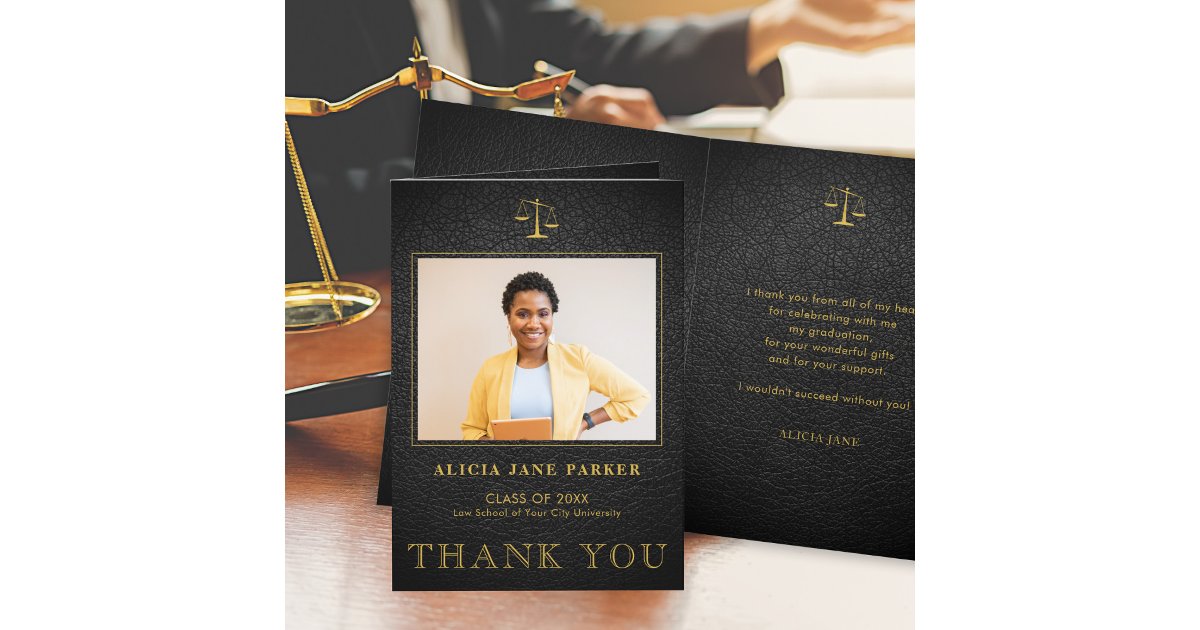 Law school graduation elegant photo thank you card | Zazzle