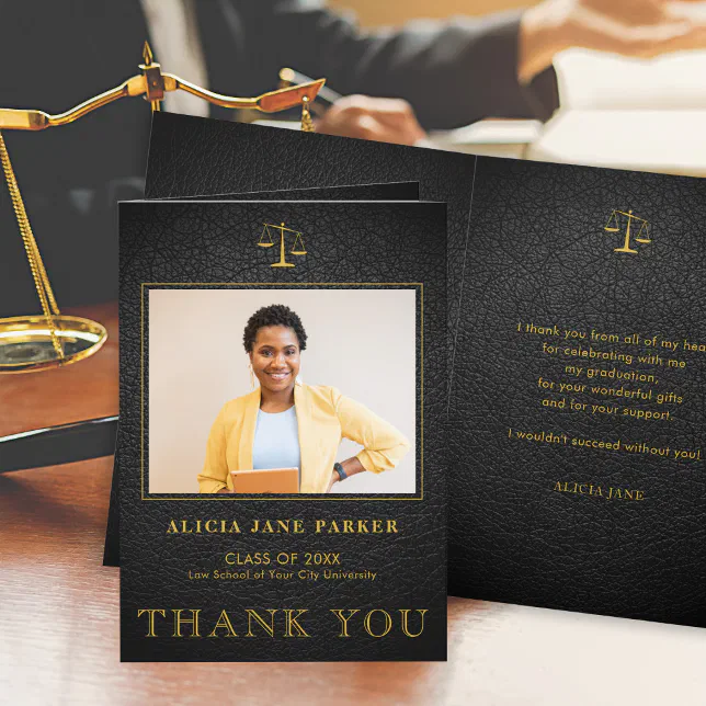 Law school graduation elegant photo thank you card | Zazzle