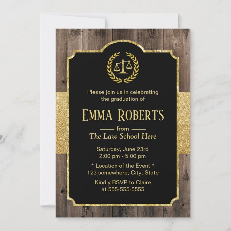 Law School Graduation Elegant Wood Gold Lawyer Invitation | Zazzle