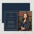 Law School Graduation Gold Frame Photo Modern Navy Invitation | Zazzle