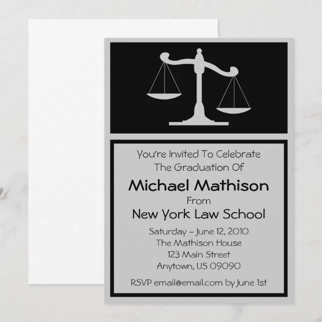 Law School Graduation Invite Black Justice Scales | Zazzle