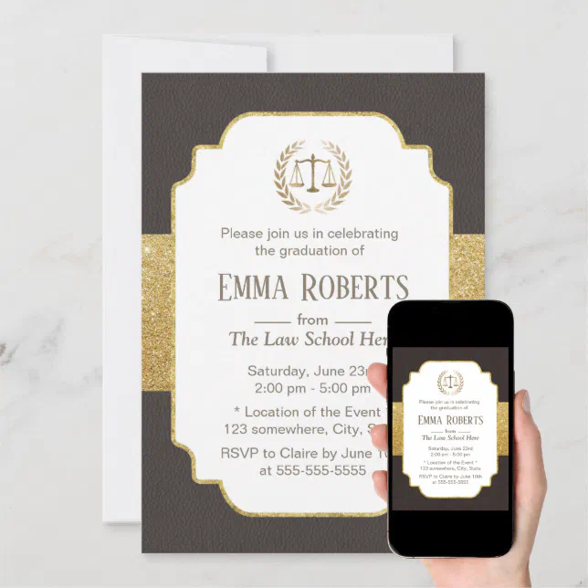 Law School Graduation Modern Brown & Gold Lawyer Invitation | Zazzle