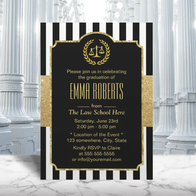 Law School Graduation Modern Stripes Gold Lawyer Invitation | Zazzle