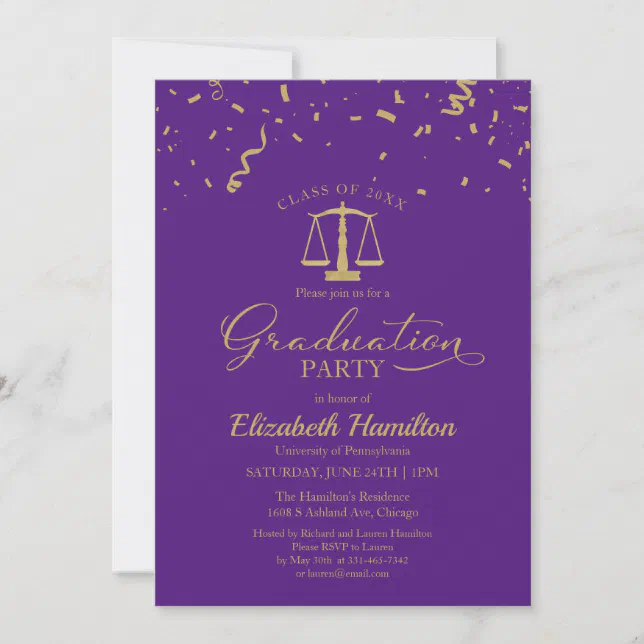Law School Graduation Party Gold Confetti Purple Invitation | Zazzle
