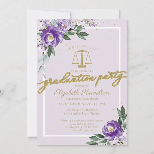 Law School Graduation Party Purple Lavender Floral Invitation | Zazzle