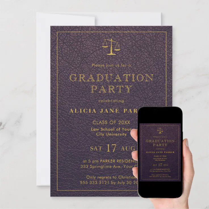 Law school graduation purple gold photo elegant invitation | Zazzle