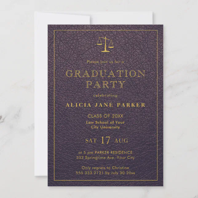 Law school graduation purple gold photo elegant invitation | Zazzle