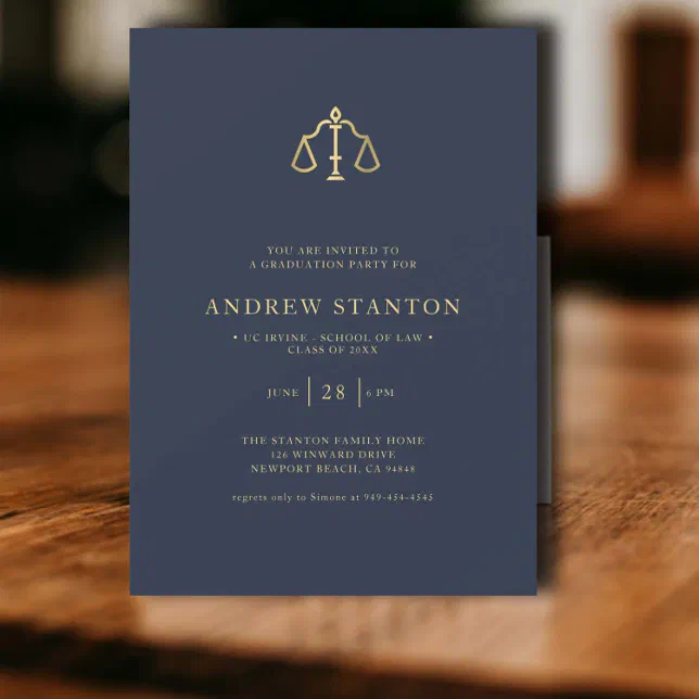 Law School Graduation Scales Justice Modern Navy Invitation | Zazzle