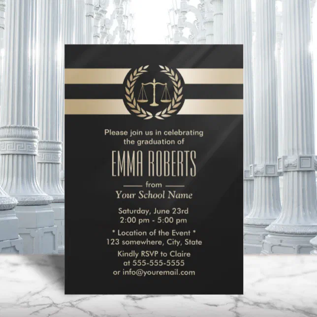 Law School Lawyer Graduation Modern Black & Gold Invitation | Zazzle