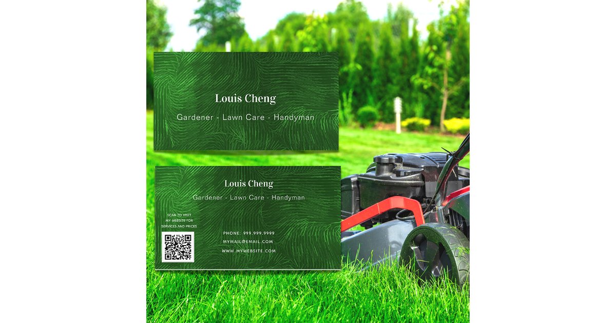 Lawn care gardening grass mower handyman QR code Business Card | Zazzle