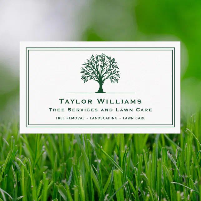 Lawn Care Landscaping Tree Service Green And White Business Card | Zazzle