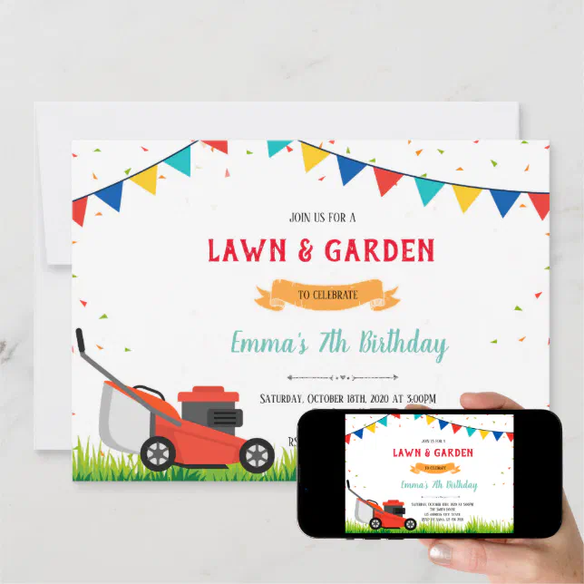 Lawn mower garden party invitation | Zazzle