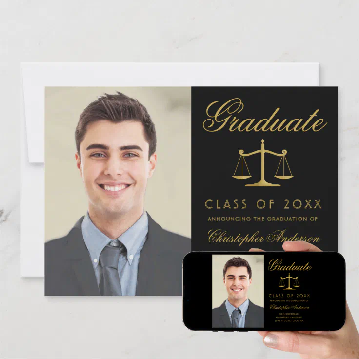 Lawyer Black Gold Script Photo Graduation Announcement | Zazzle