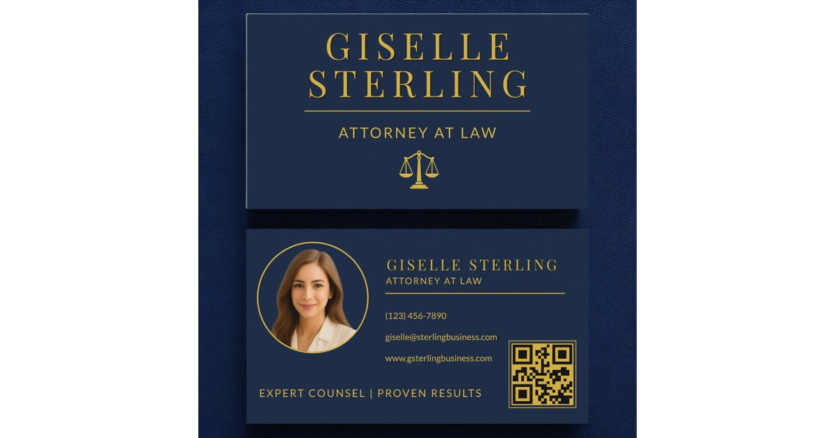 Lawyer Navy Blue Gold Attorney at Law QR Code Business Card | Zazzle