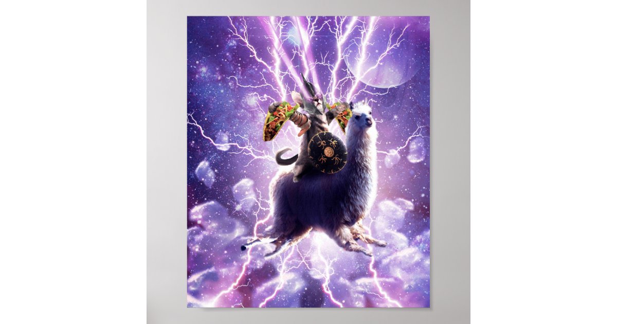 Lazer Warrior Space Cat Riding Llama With Taco Poster | Zazzle