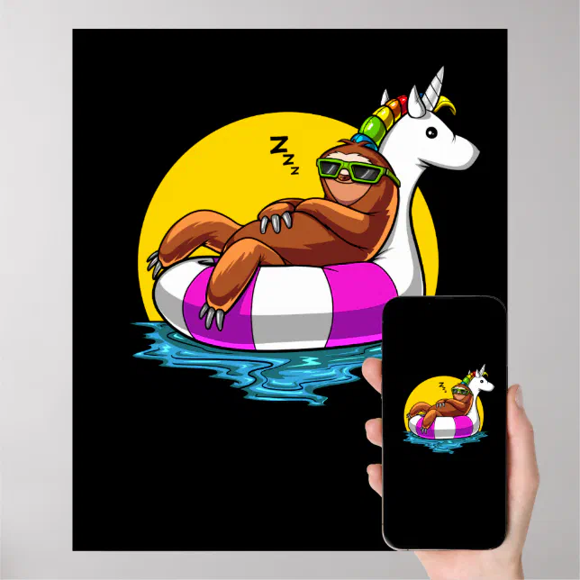 Lazy Sloth Riding Unicorn Float Funny Pool Party Poster | Zazzle