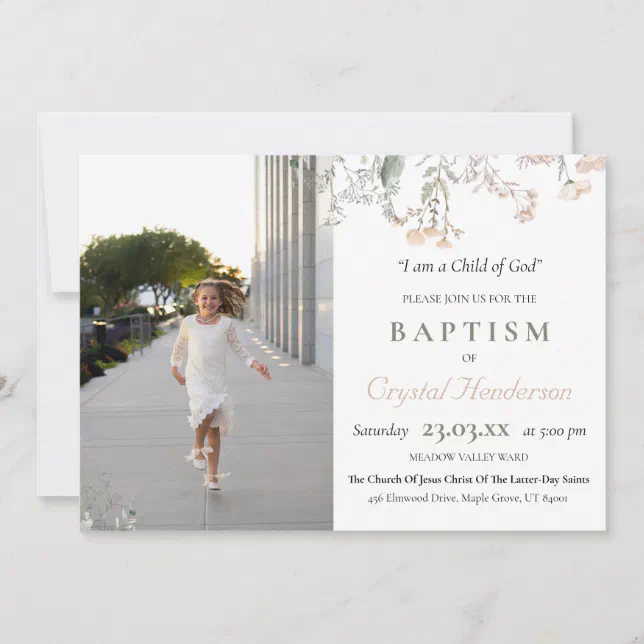 LDS Church Of Jesus Christ Baptism Floral Invitation | Zazzle