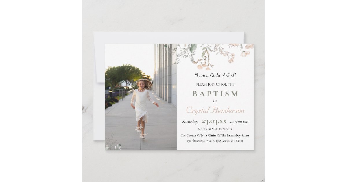 LDS Church Of Jesus Christ Baptism Floral Invitation | Zazzle