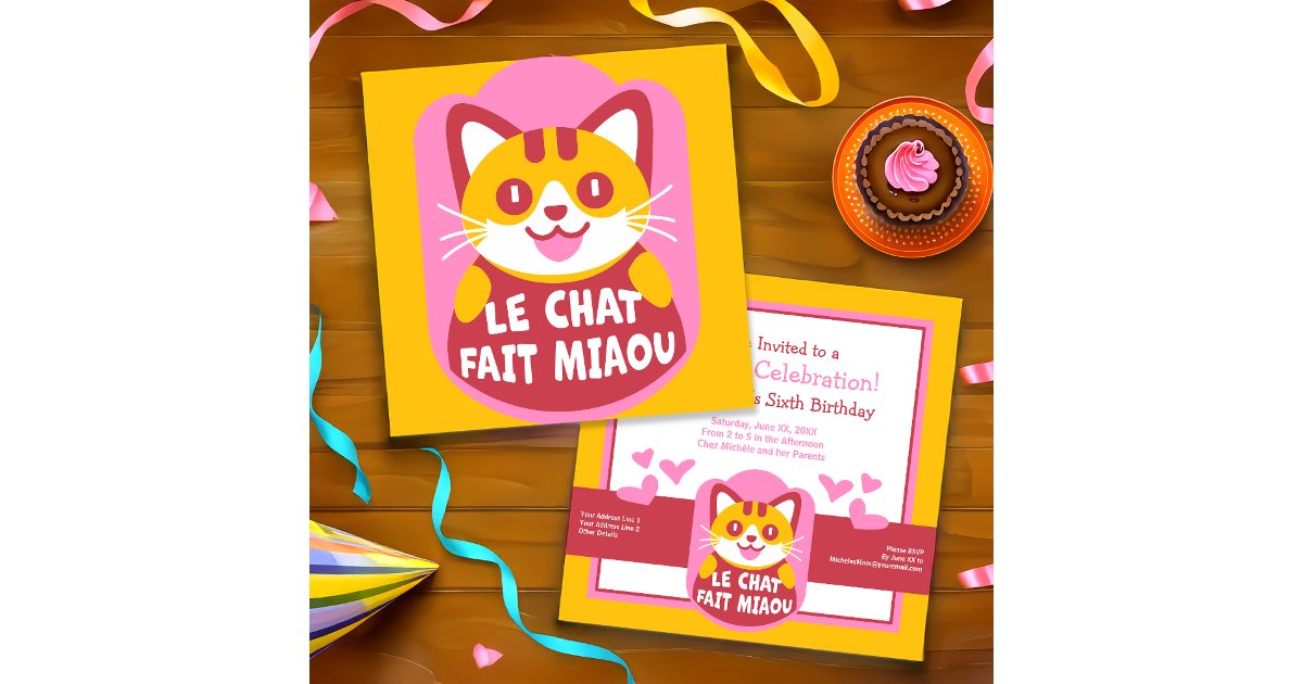 Le Chat Fait Miaou Cute French Orange Tabby Invitation | Zazzle