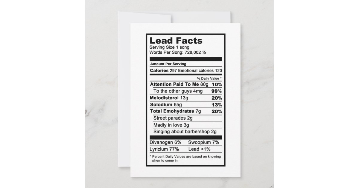 Lead singer "Nutritional Information Label" Card | Zazzle