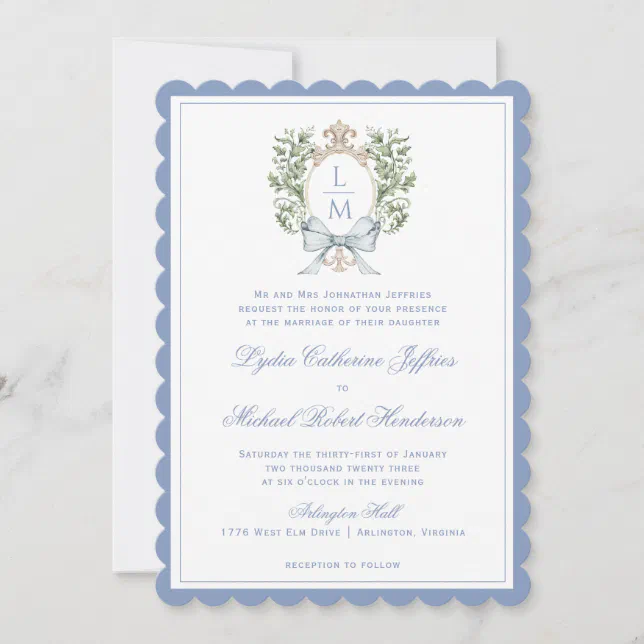 Leaf Crest Monogram | Scalloped Wedding Invitation | Zazzle