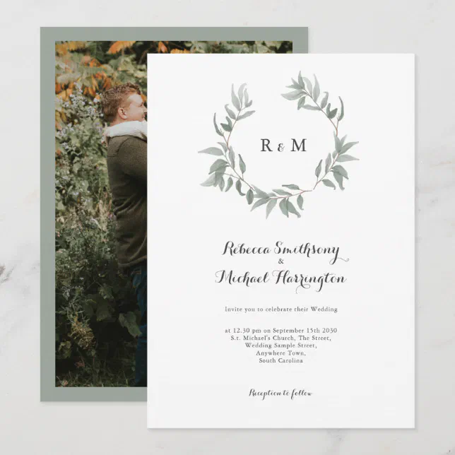 Leaf Wreath Monogram Wedding Invitation | Zazzle