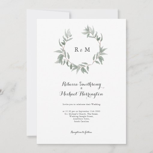 Leaf Wreath Monogram Wedding Invitation | Zazzle