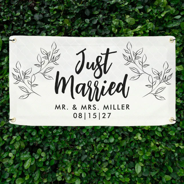 Leafy Border Just Married Car Banner | Zazzle