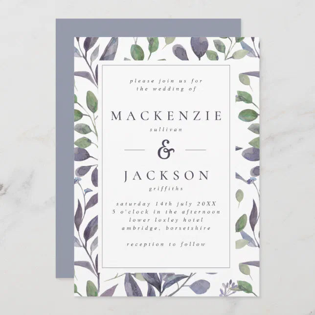 Leafy Elegance Blue & Green Watercolor Wedding Invitation | Zazzle