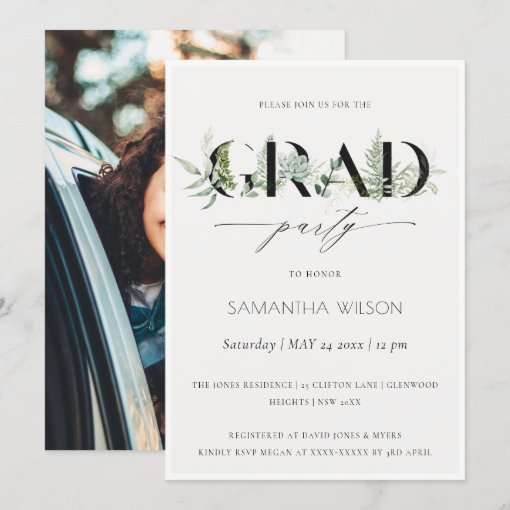 Leafy Fern Succulent Fauna Photo Graduation Invite | Zazzle