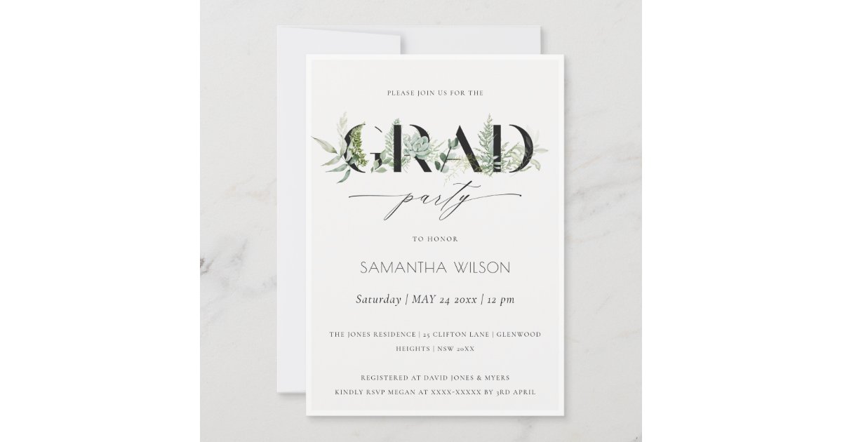 Leafy Fern Succulent Fauna Photo Graduation Invite | Zazzle