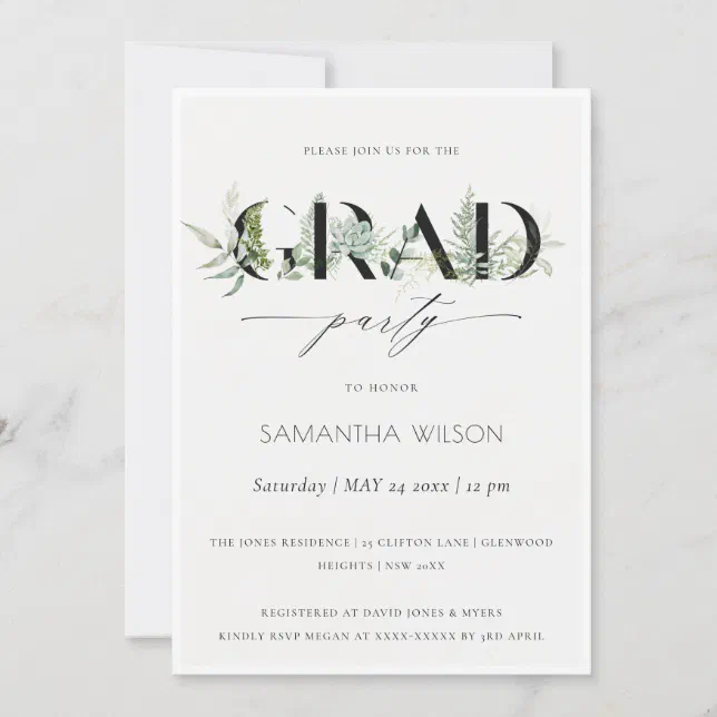 Leafy Fern Succulent Fauna Photo Graduation Invite | Zazzle